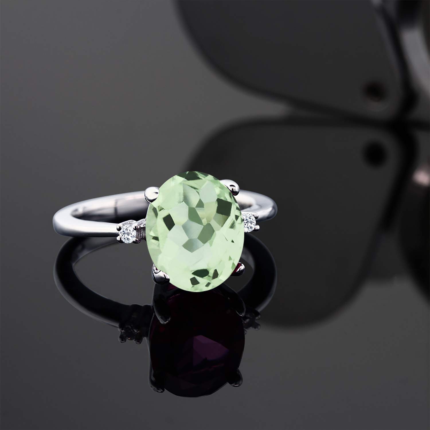 Gem Stone King 925 Sterling Silver Oval Green Prasiolite and White Topaz Gemstone Women's Ring (2.67 Cttw, Gemstone Birthstone, Available In Size 5, 6, 7, 8, 9)