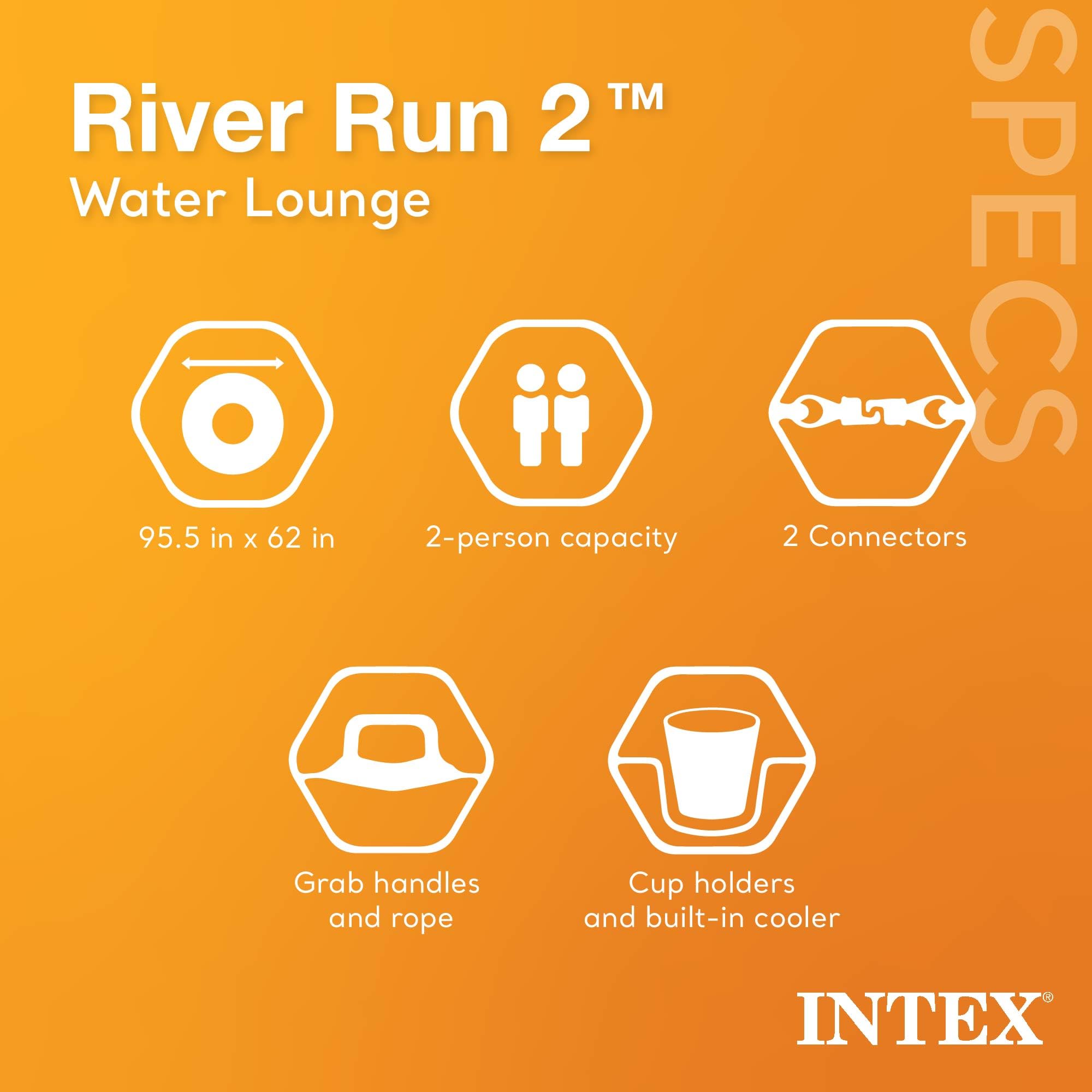 Intex 58837EP River Run 2 Inflatable Floating Lounge: Comfortable Backrests – Built-in Cup Holders – Cooler with Lid – 2 Person – 440lb Weight Capacity