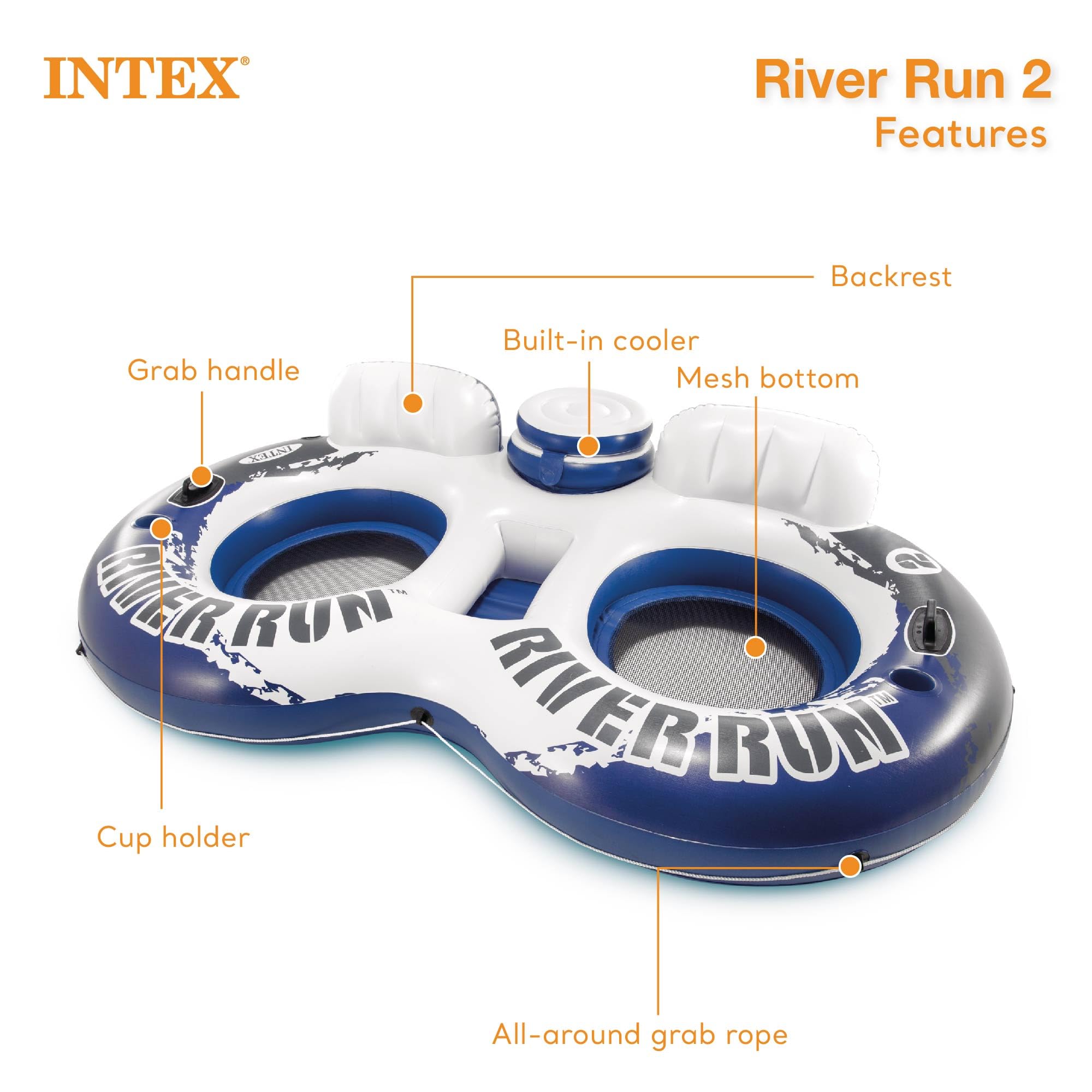 Intex 58837EP River Run 2 Inflatable Floating Lounge: Comfortable Backrests – Built-in Cup Holders – Cooler with Lid – 2 Person – 440lb Weight Capacity