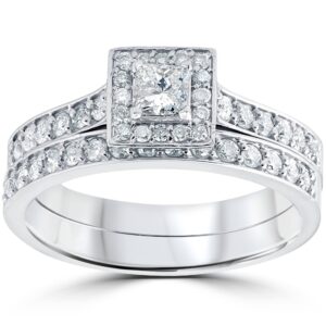 3/4 cttw princess cut diamond halo engagement wedding ring set 10k white gold - size 10