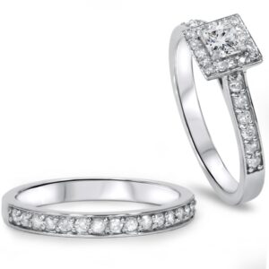 3/4 cttw Princess Cut Diamond Halo Engagement Wedding Ring Set 10K White Gold - Size 10