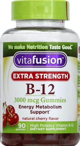 Vitafusion Extra Strength Vitamin B12 Gummy Vitamins for Energy Metabolism Support and Nervous System Health Support, Cherry Flavored, America’s Number 1 Brand, 45 Day Supply, 90 Count