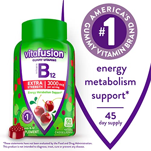 Vitafusion Extra Strength Vitamin B12 Gummy Vitamins for Energy Metabolism Support and Nervous System Health Support, Cherry Flavored, America’s Number 1 Brand, 45 Day Supply, 90 Count