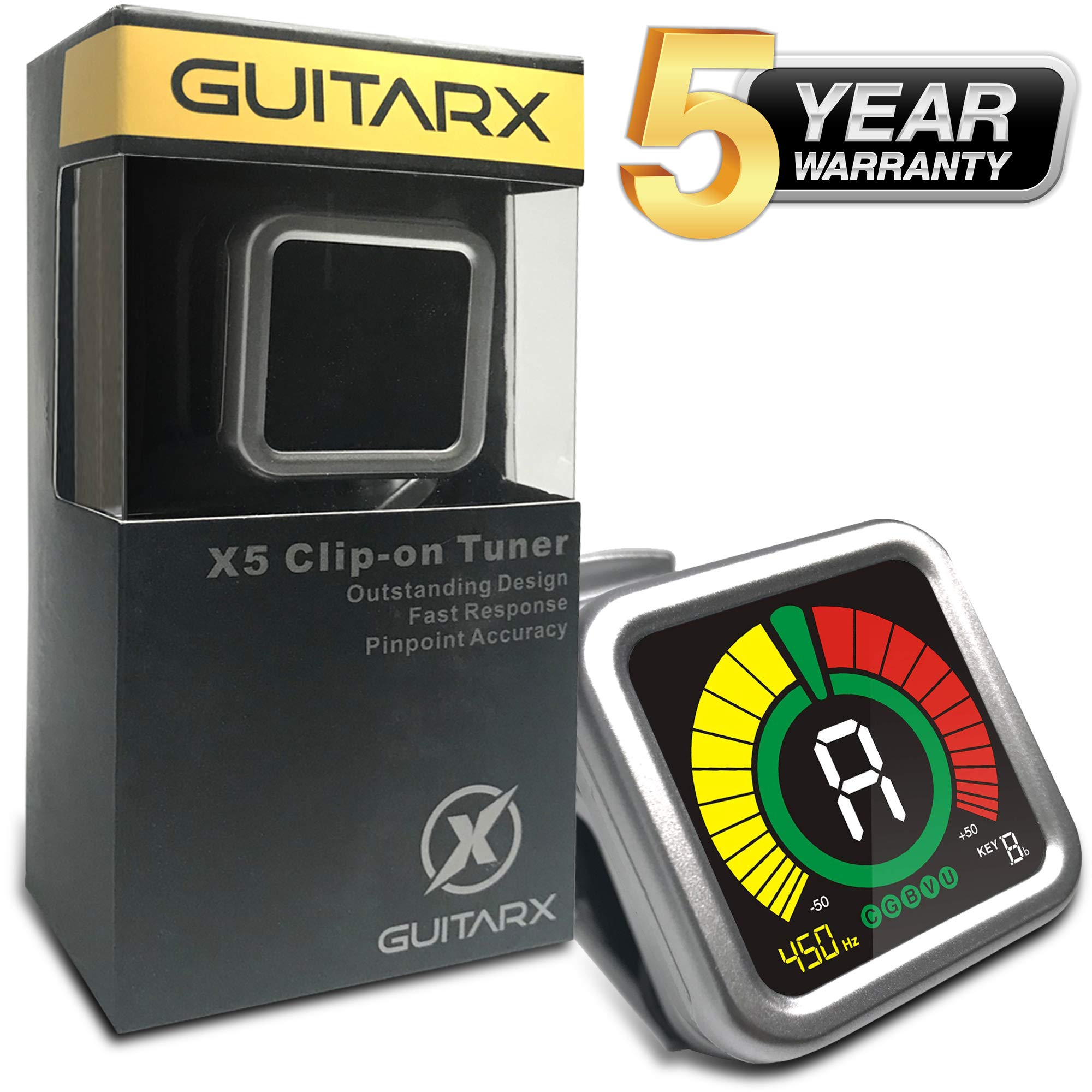 GUITARX X5 - Clip On Tuner for All Instruments - Guitar, Violin, Chromatic, Ukulele, and Bass Tuner Modes - #1 Among Guitar Tuners - Most Advanced High-Sensitivity Sensor in The Market