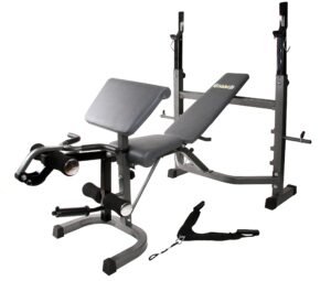 body champ olympic weight bench, workout equipment for home workouts, bench press with preacher curl, leg developer and crunch handle at dark gray/black, bcb5860