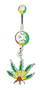 rasta color pot leaf cannibus marijuana dangle belly button navel ring piercing bar body jewelry 14g