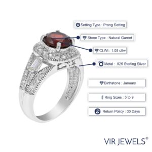 VIR JEWELS 1.05 cttw Garnet Ring .925 Sterling Silver with Rhodium Plating Round Shape 7 MM Size 9