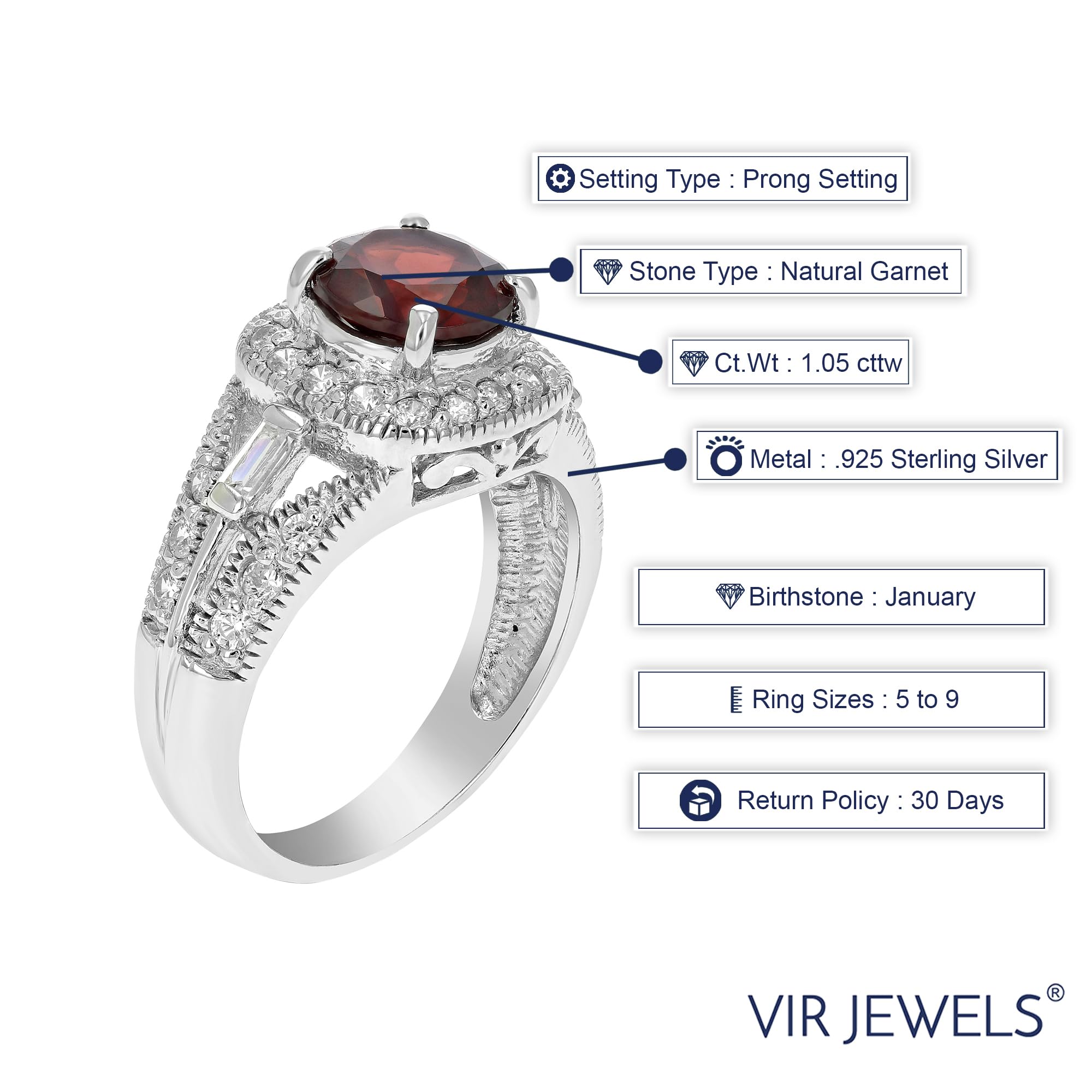 VIR JEWELS 1.05 cttw Garnet Ring .925 Sterling Silver with Rhodium Plating Round Shape 7 MM Size 9