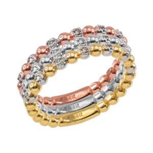 Modern Contemporary Rings Fine 10k Two-Tone White and Yellow Gold Beaded Stackable Ring with Natural Diamonds (Size 4.5)