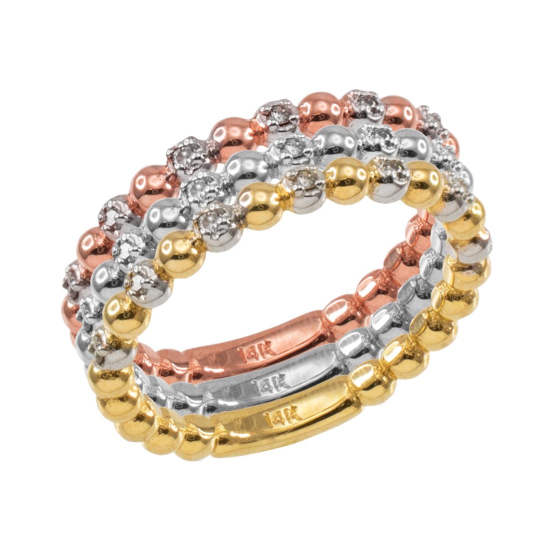 Modern Contemporary Rings Fine 10k Two-Tone White and Yellow Gold Beaded Stackable Ring with Natural Diamonds (Size 4.5)