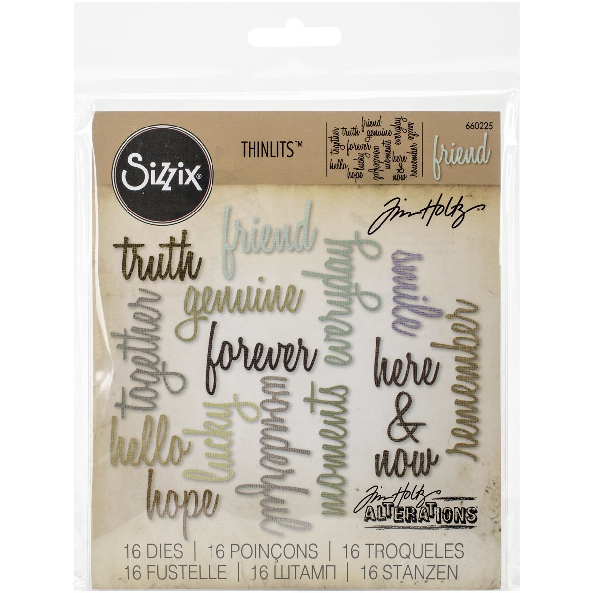 Sizzix, Multi Color, One Size Thinlits Die Set 660225, Friendship Words Script by Tim Holtz, 16 Pack