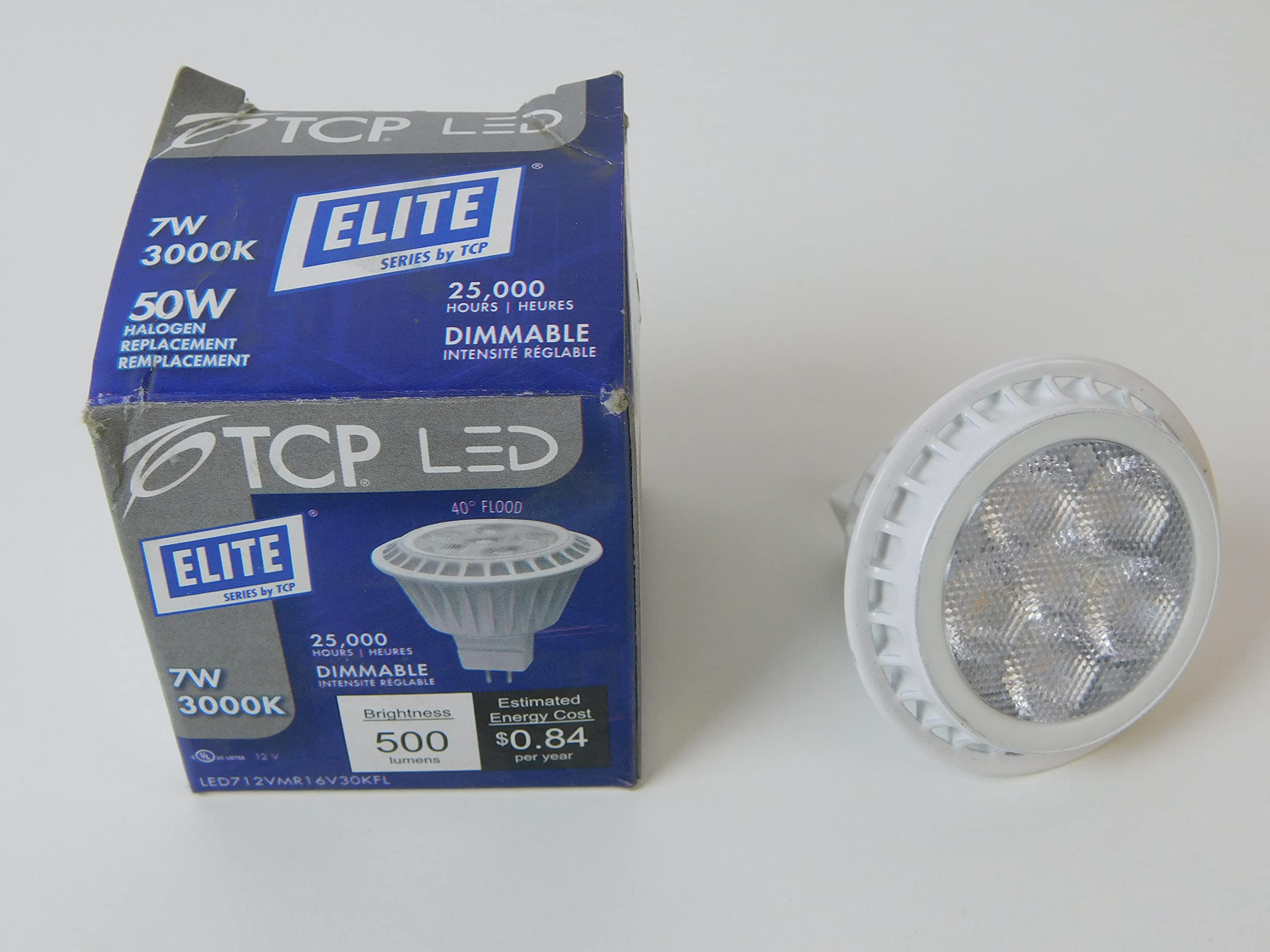 TCP LED712VMR16V30KFL MR16 LED Lamp 7 Watt 2-Pin GU5.3 Base 500 Lumens 82 CRI 3000K Halogen White Elite