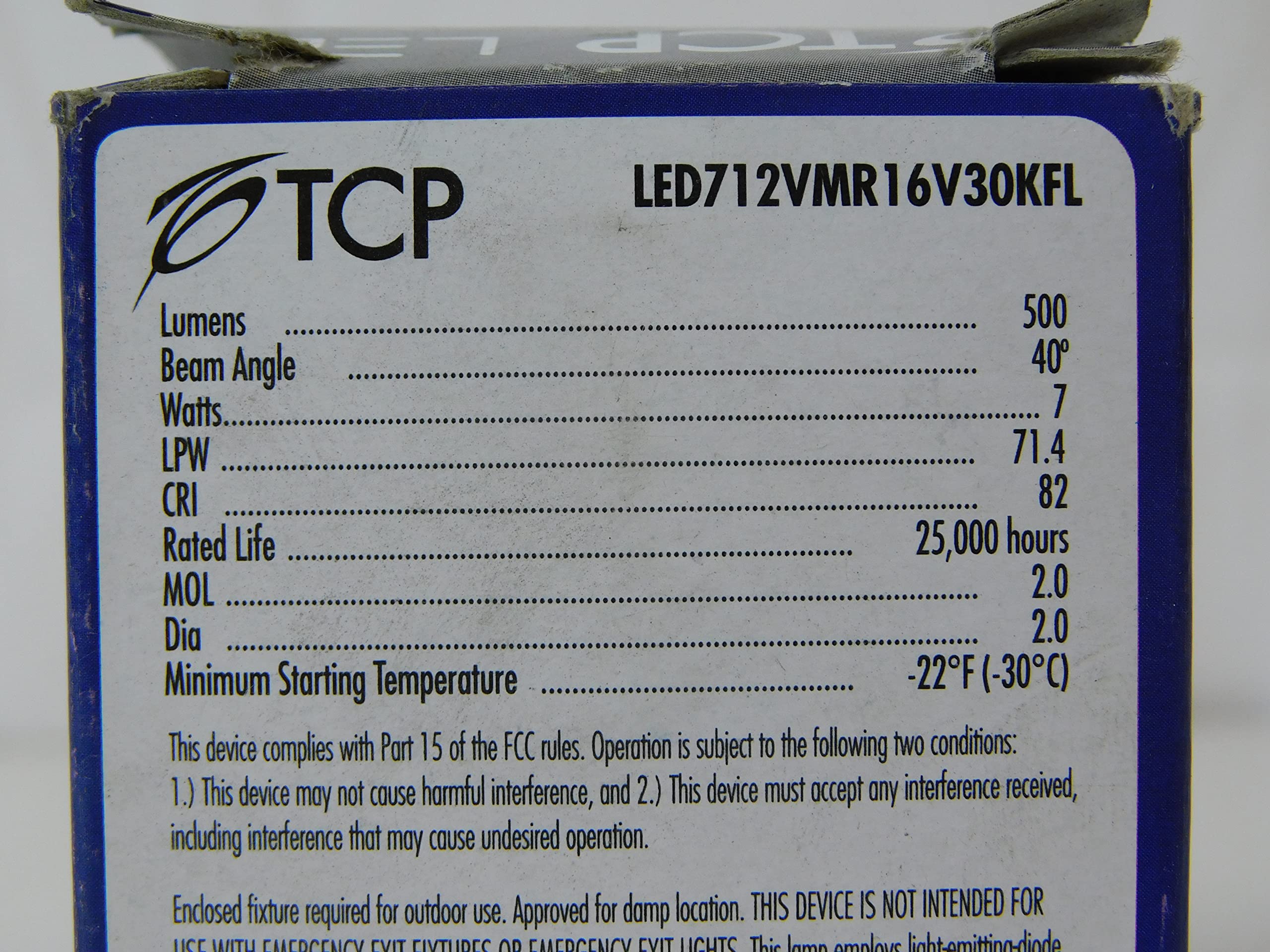 TCP LED712VMR16V30KFL MR16 LED Lamp 7 Watt 2-Pin GU5.3 Base 500 Lumens 82 CRI 3000K Halogen White Elite