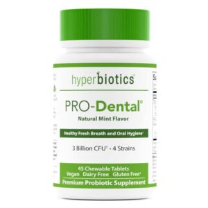 hyperbiotics pro dental probiotic with blis k12 and m18 | premium vegan oral probiotic for teeth and gums | bad breath treatment for adults | sugar free | mint chewable tablet | 45 count