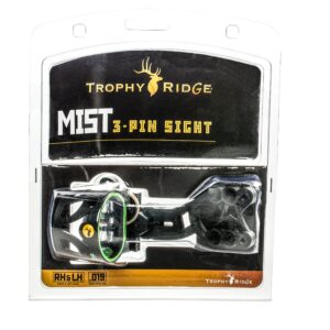 Trophy Ridge Mist 3 Pin Archery Bow Ambidextrous Sight - Ultra-Bright .019 Fiber Optic Pins, Multiple Mounting Holes for Added Adjustability, Green Hood Accent for Quicker Shot Acquisition