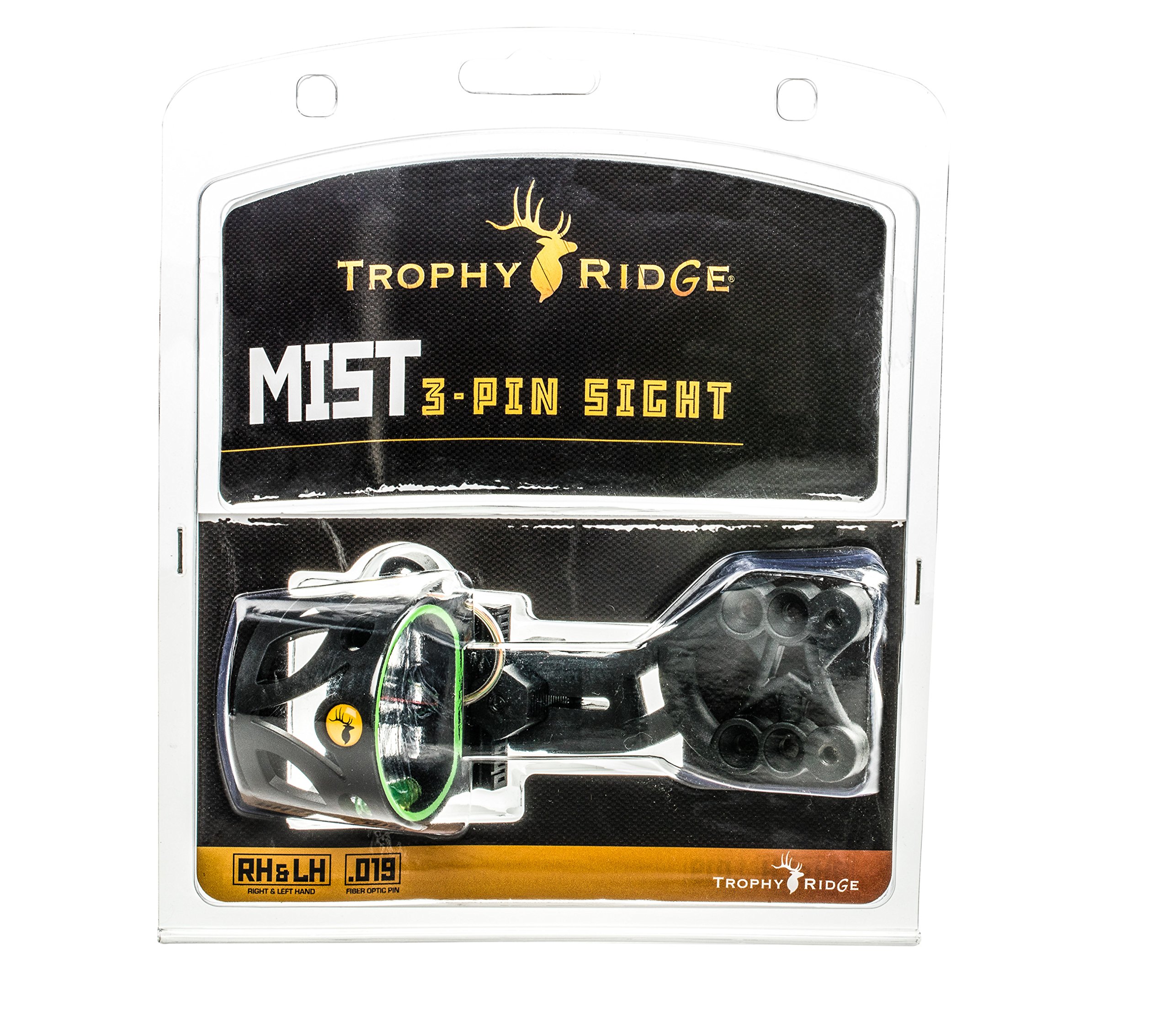 Trophy Ridge Mist 3 Pin Archery Bow Ambidextrous Sight - Ultra-Bright .019 Fiber Optic Pins, Multiple Mounting Holes for Added Adjustability, Green Hood Accent for Quicker Shot Acquisition