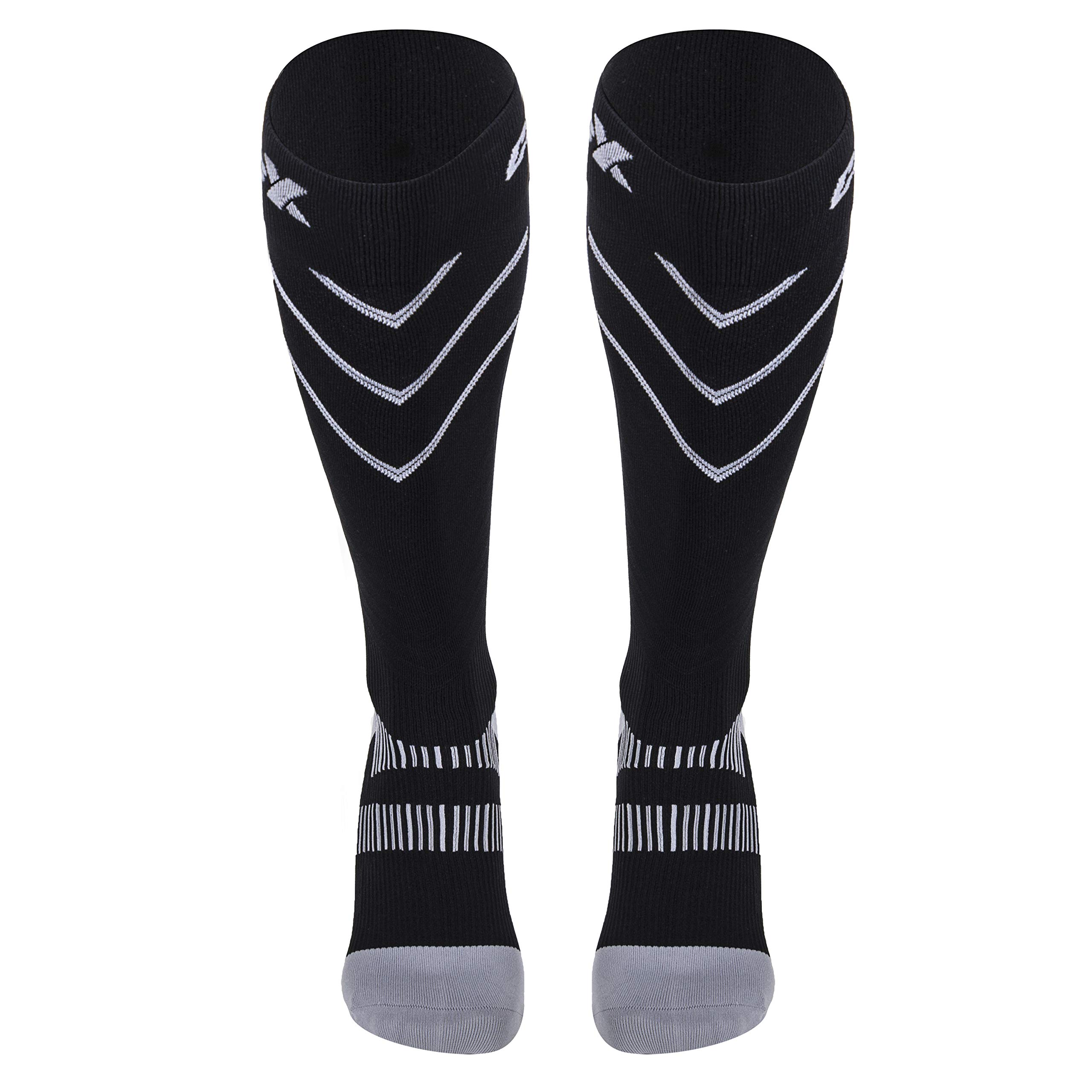 CSX Compression Socks for Men and Women, Knee High, Recovery Support, Athletic Sport Fit, Silver on Black, Large (15-20 mmHg)