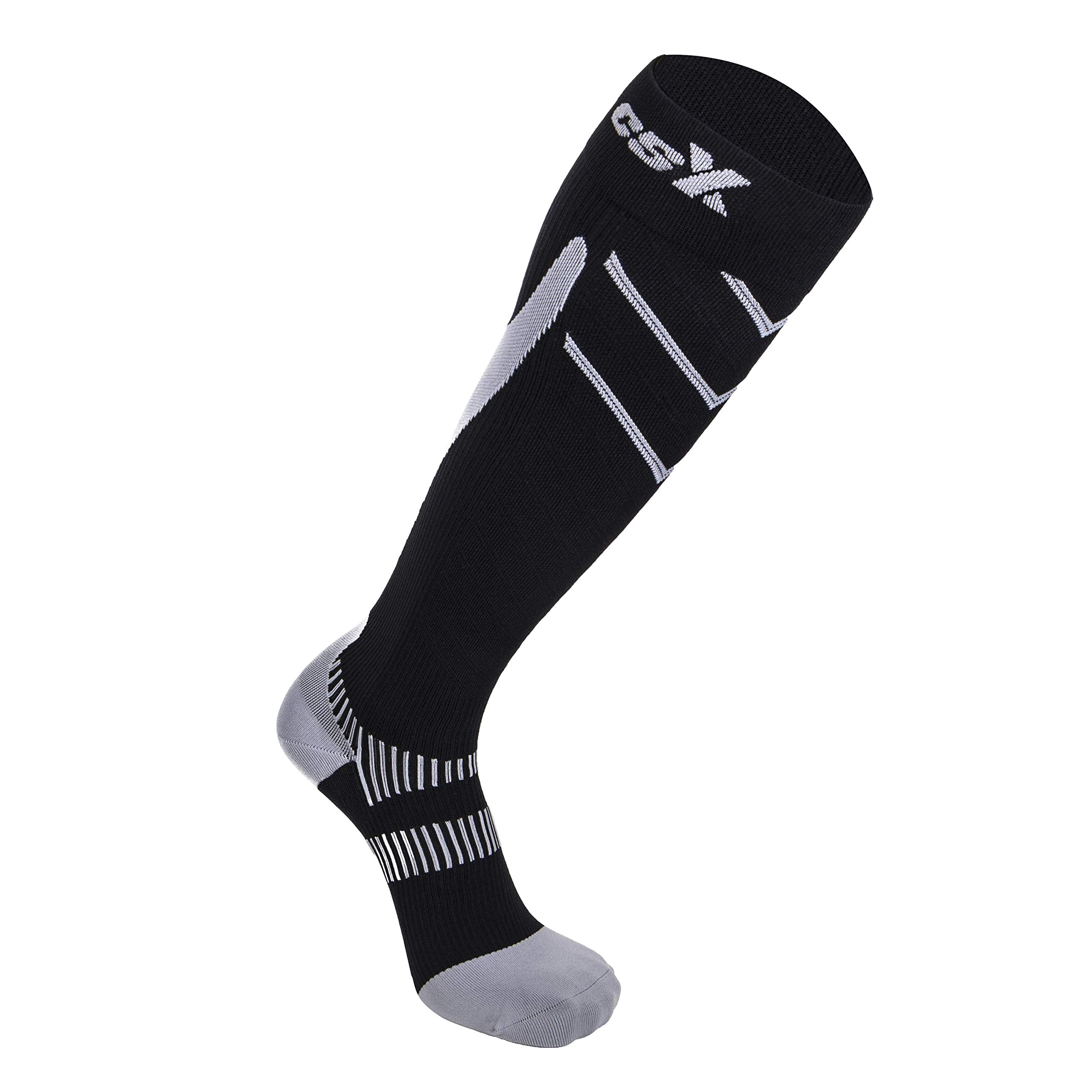 CSX Compression Socks for Men and Women, Knee High, Recovery Support, Athletic Sport Fit, Silver on Black, Large (15-20 mmHg)