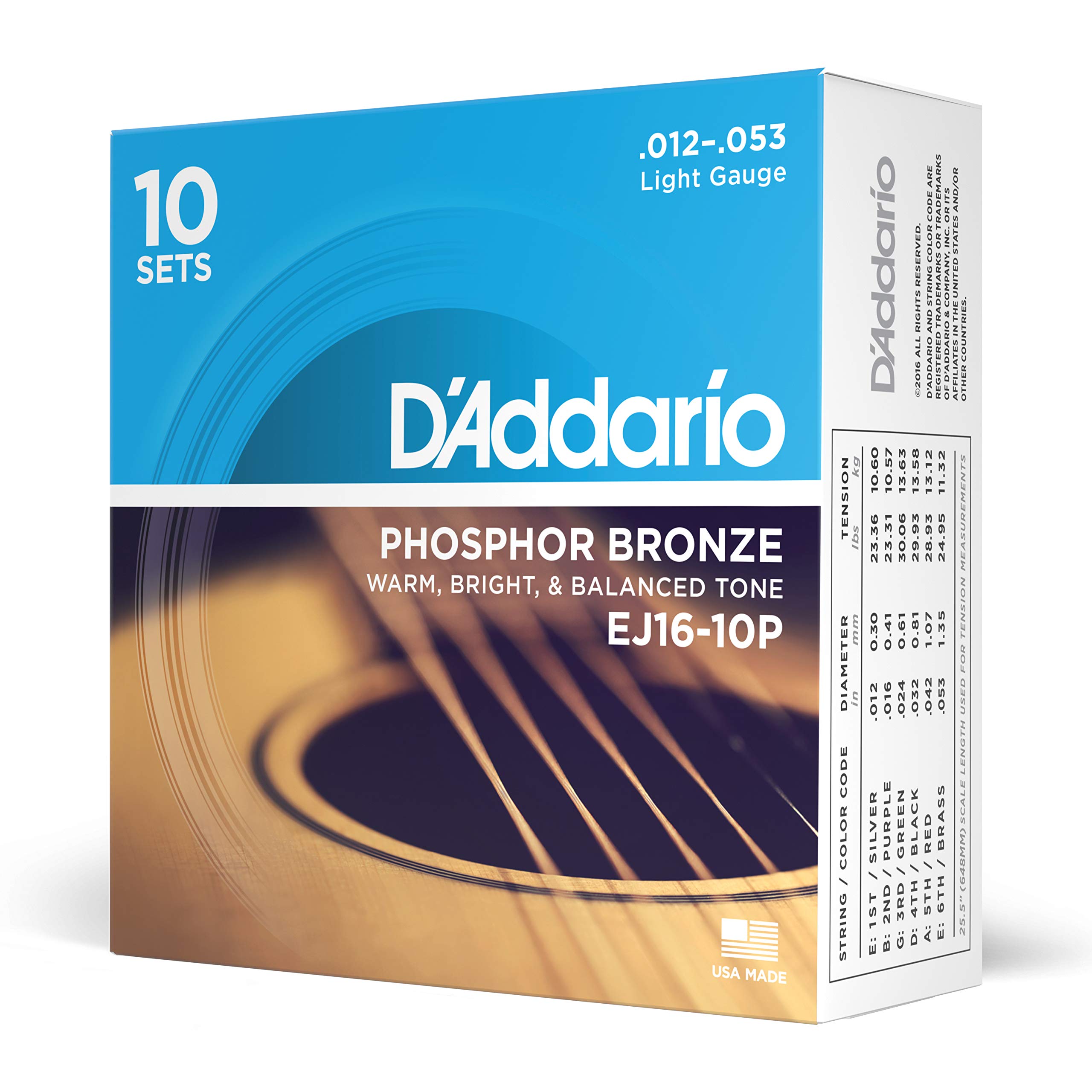 D'Addario Guitar Strings - Phosphor Bronze Acoustic Guitar Strings - EJ16-10P - Rich, Full Tonal Spectrum - For 6 String Guitars - 12-53 Light, 10-Pack