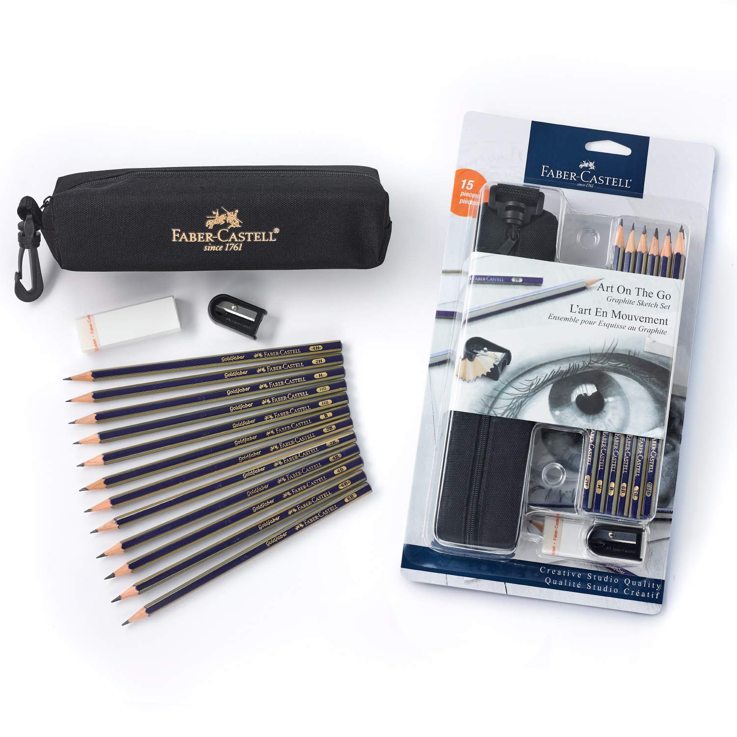 Faber-Castell Creative Studio Art On-The-Go Graphite Sketch Set – 15 Sketching Pencils and Accessories