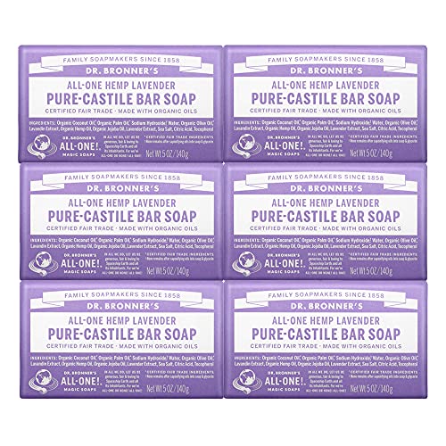 Dr. Bronner's - Pure-Castile Bar Soap (Lavender, 5 ounce, 6-Pack) - Made with Organic Oils, For Face, Body and Hair, Gentle and Moisturizing, Biodegradable, Vegan, Cruelty-free, Non-GMO