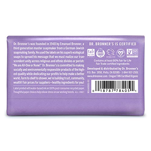 Dr. Bronner's - Pure-Castile Bar Soap (Lavender, 5 ounce, 6-Pack) - Made with Organic Oils, For Face, Body and Hair, Gentle and Moisturizing, Biodegradable, Vegan, Cruelty-free, Non-GMO