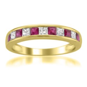 la4ve diamonds 1.00 carat, 14k yellow gold channel set princess-cut diamond & red ruby wedding band (h-i, i1-i2) real diamond jewelry for women | gift box included