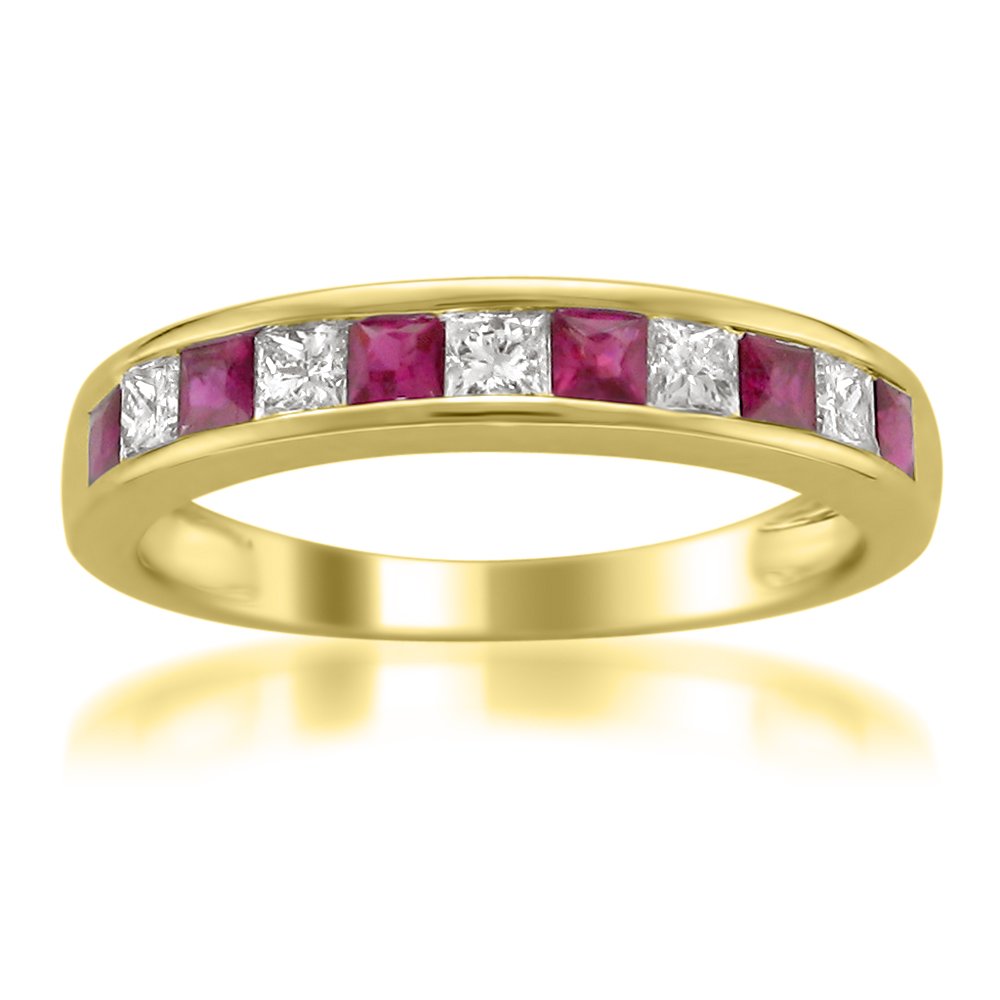 La4ve Diamonds 1.00 Carat, 14K Yellow Gold Channel Set Princess-cut Diamond & Red Ruby Wedding Band (H-I, I1-I2) Real Diamond Jewelry for Women | Gift Box Included