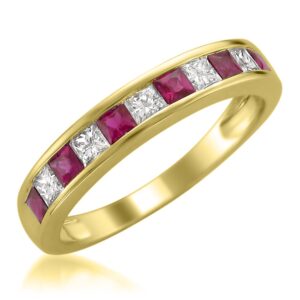 La4ve Diamonds 1.00 Carat, 14K Yellow Gold Channel Set Princess-cut Diamond & Red Ruby Wedding Band (H-I, I1-I2) Real Diamond Jewelry for Women | Gift Box Included