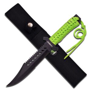 z-hunter – fixed blade survival knife – partially serrated black steel blade with sawback, full tang, green cord wrapped handle w/lanyard, nylon sheath, outdoor, hunt, camp, hike, survival, zb-103