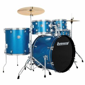 ludwig accent drive blue 5-piece drum set (includes hardware, throne, pedal, cymbals, sticks and drum key)