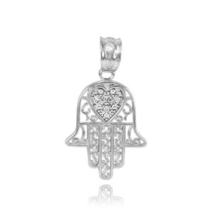 fine 925 sterling silver cz-accented heart filigree-style hamsa charm pendant