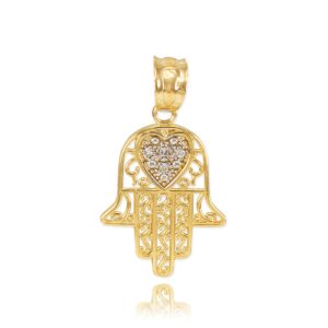 middle eastern jewelry solid 14k yellow gold diamond-accented heart filigree-style hamsa charm pendant