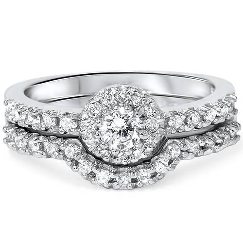 1ct Halo Diamond Engagement Wedding Ring Set 10K White Gold - Size 6