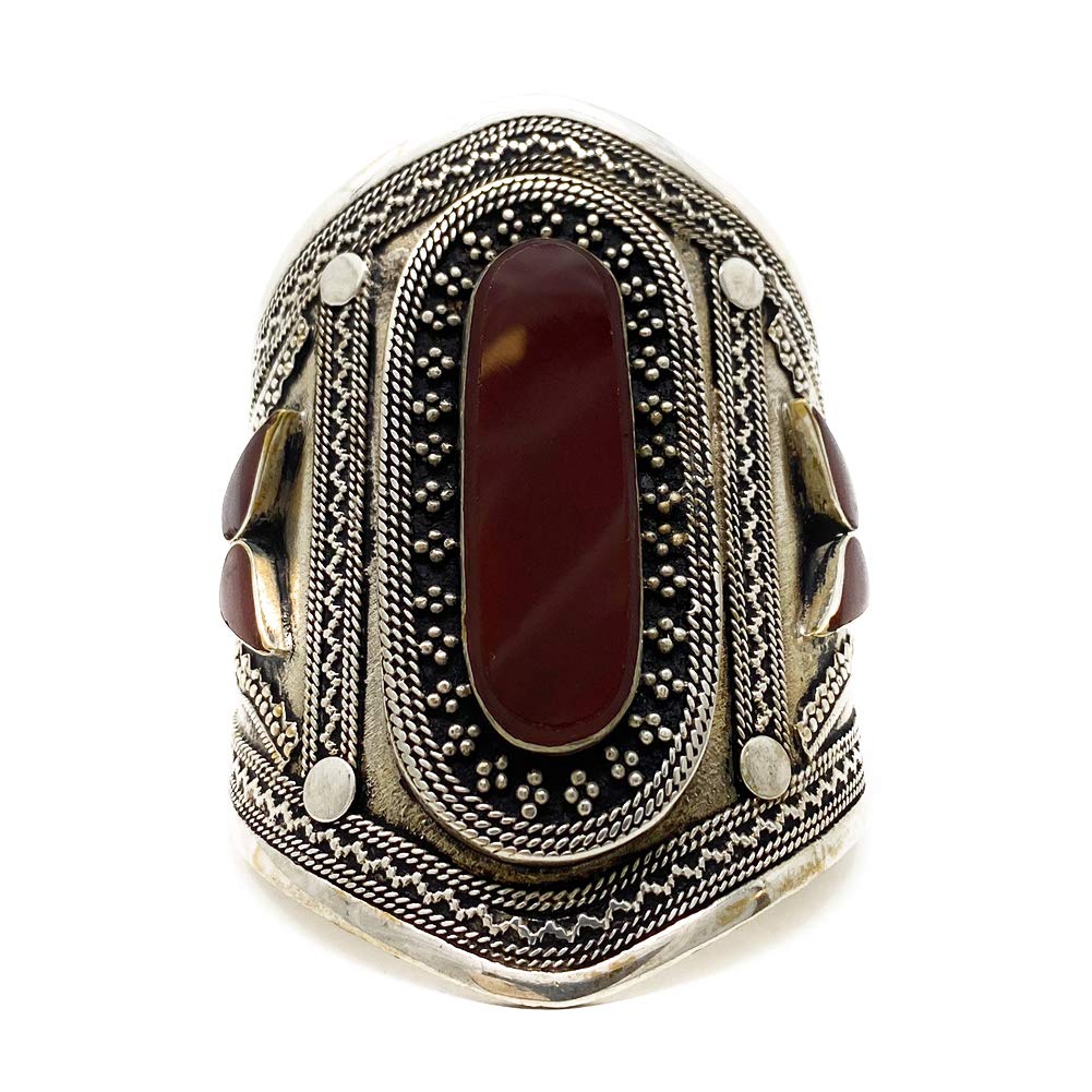 Duel On Jewel Afghan Tribal Womens Handmade Oxidized Engraved Big Vintage Cuff in Red Stone - Boho Chic Trendy Stylish