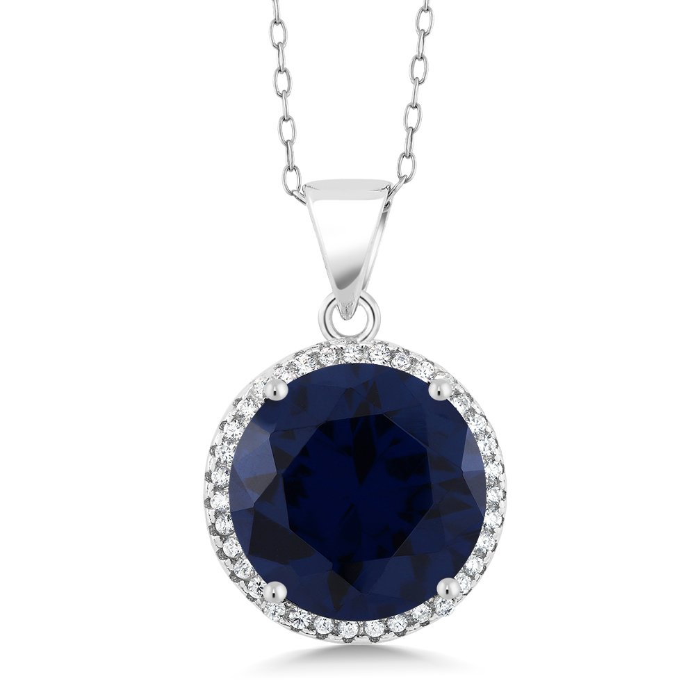 Gem Stone King 925 Sterling Silver Blue Simulated Sapphire Pendant Necklace For Women | 9.00 Cttw | 13MM Round | With 18 Inch Silver Chain