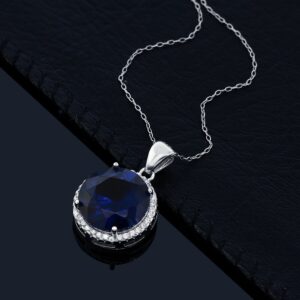 Gem Stone King 925 Sterling Silver Blue Simulated Sapphire Pendant Necklace For Women | 9.00 Cttw | 13MM Round | With 18 Inch Silver Chain