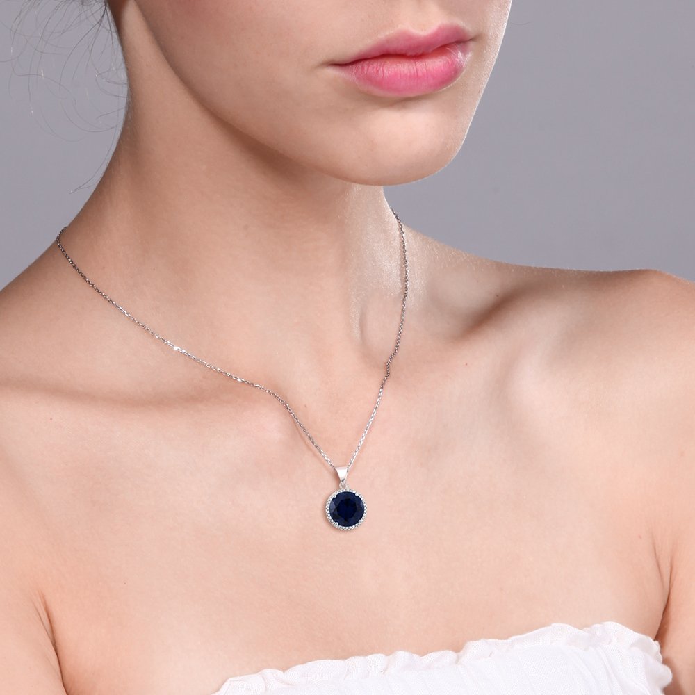 Gem Stone King 925 Sterling Silver Blue Simulated Sapphire Pendant Necklace For Women | 9.00 Cttw | 13MM Round | With 18 Inch Silver Chain