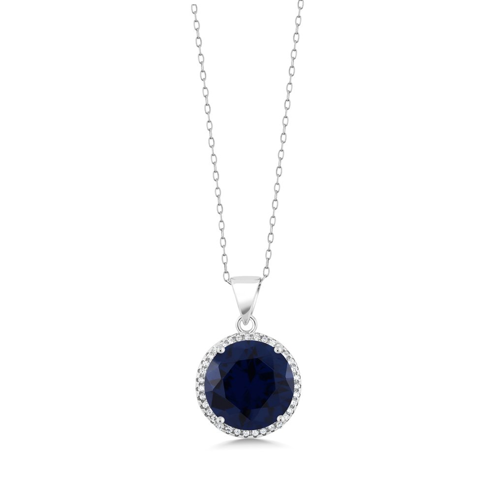 Gem Stone King 925 Sterling Silver Blue Simulated Sapphire Pendant Necklace For Women | 9.00 Cttw | 13MM Round | With 18 Inch Silver Chain