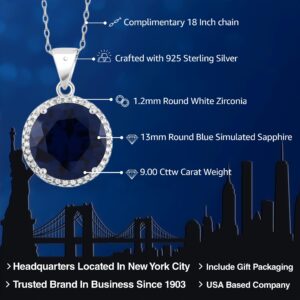 Gem Stone King 925 Sterling Silver Blue Simulated Sapphire Pendant Necklace For Women | 9.00 Cttw | 13MM Round | With 18 Inch Silver Chain