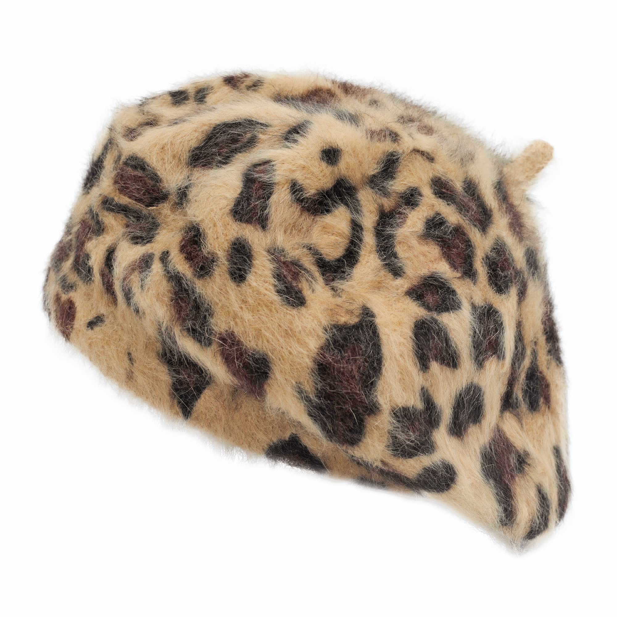 ZLYC Womens Rabbit Fur French Beret Hat Leopard Print Brown