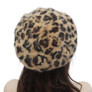 ZLYC Womens Rabbit Fur French Beret Hat Leopard Print Brown