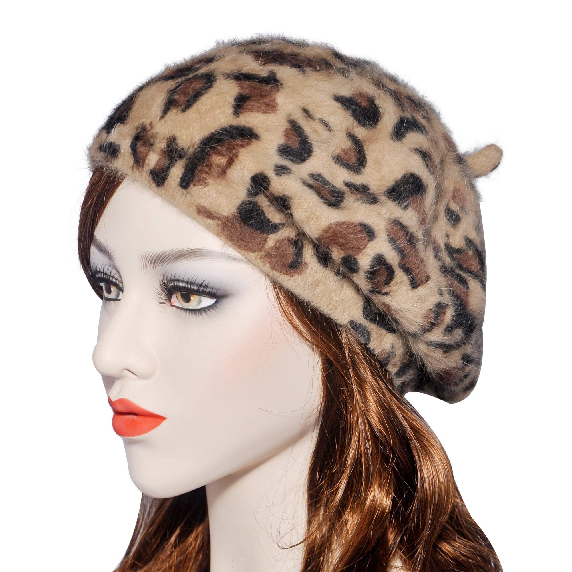 ZLYC Womens Rabbit Fur French Beret Hat Leopard Print Brown