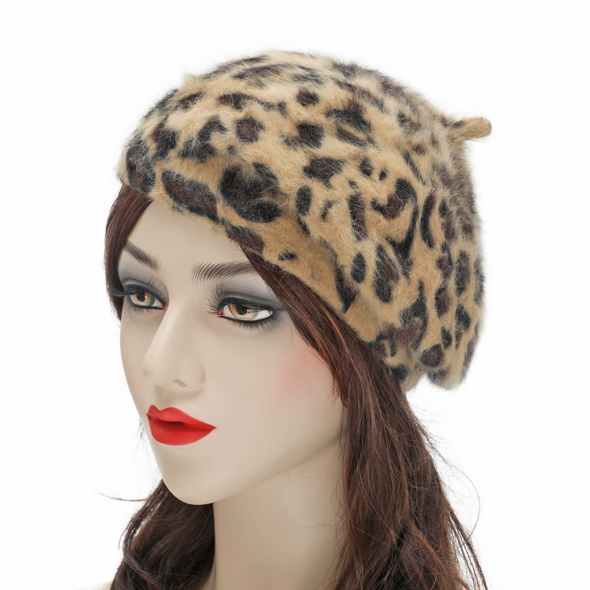 ZLYC Womens Rabbit Fur French Beret Hat Leopard Print Brown