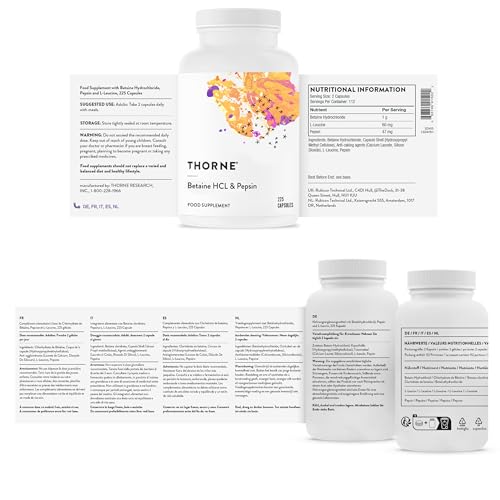 THORNE Betaine HCL & Pepsin - Digestive Enzymes for Protein Breakdown and Absorption - 225 Capsules