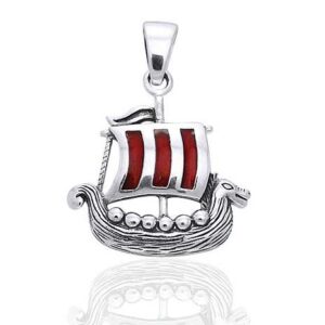 drekkar - viking longship sterling silver with red enamel pendant