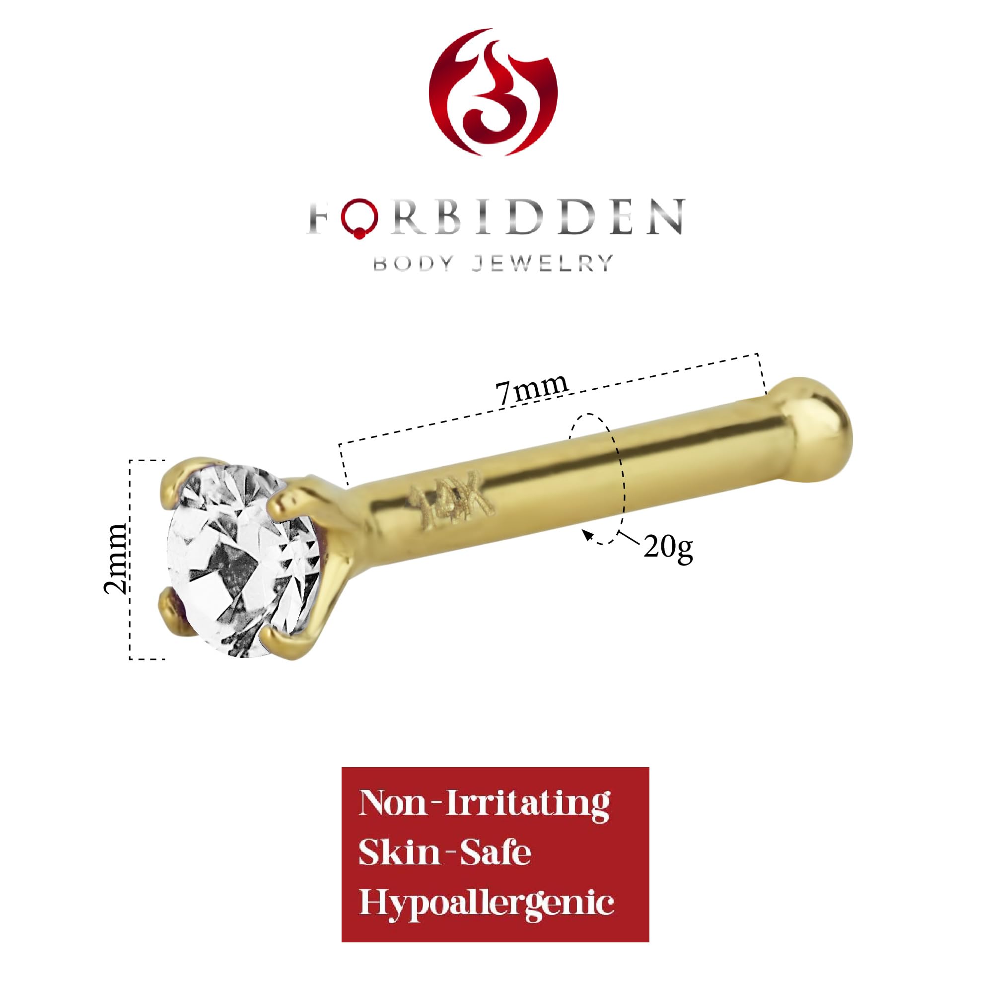 Forbidden Body Jewelry 20g Solid 14Kt Gold Simulated Diamond Clear CZ Crystal Nose Ring Stud