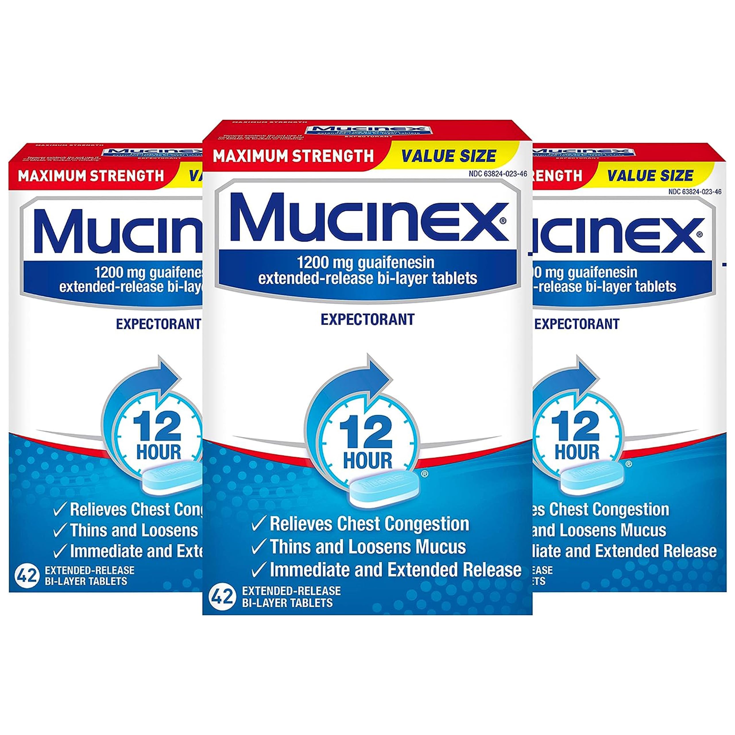 Mucinex Maximum Strength Chest Congestion Medicine for Relief, Expectorant, Lasts 12 Hours, Extended-Release Bi-Layer Tablets, 42 Count (Pack of 3)