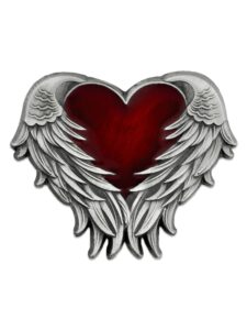 pinmart heart with angel wings enamel lapel pin – enamel heart lapel pin with antique nickel-plated angel wings – heart wing badge with secure clutch back