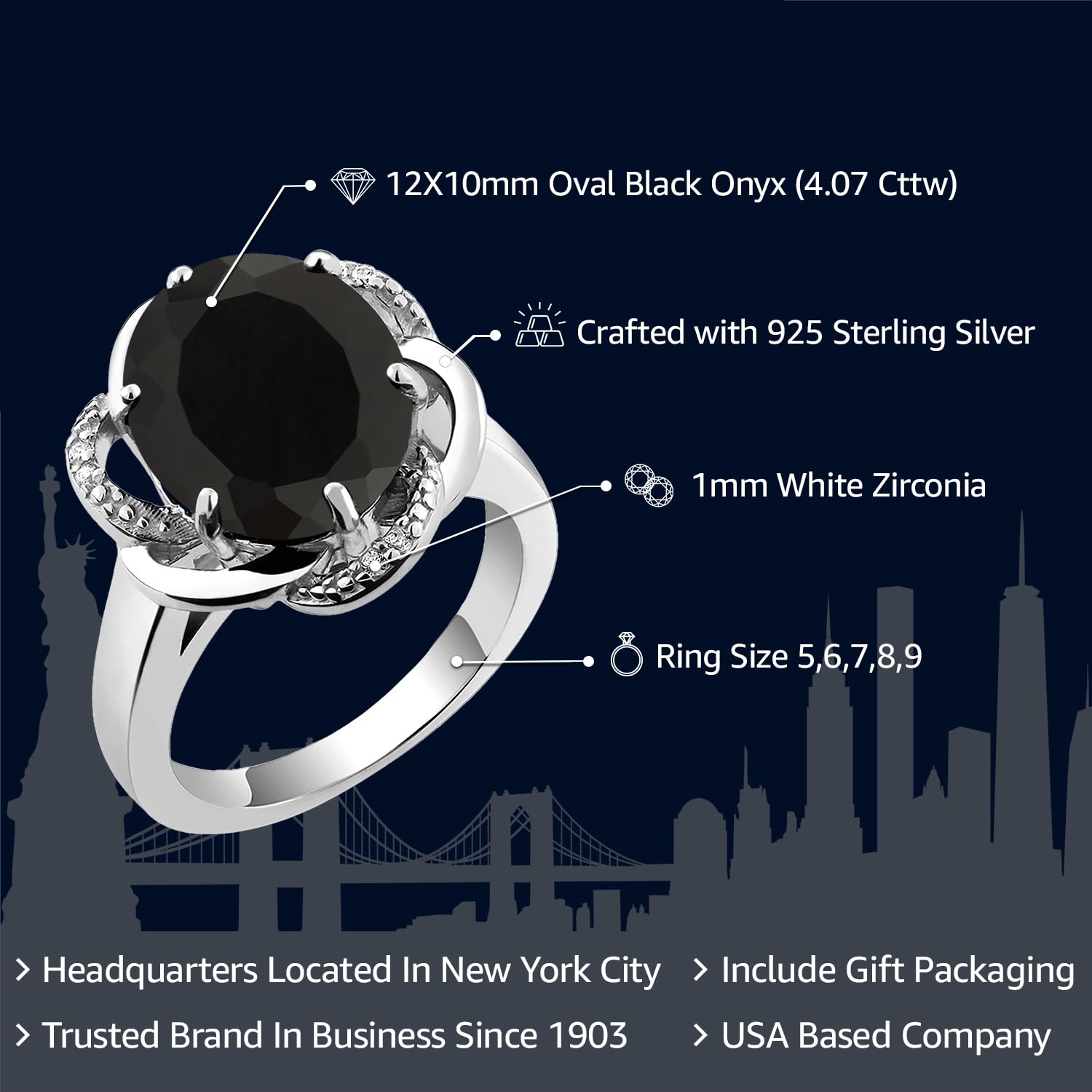 Gem Stone King 925 Sterling Silver Black Onyx Engagement Ring For Women (4.07 Cttw, Gemstone December Birthstone, Oval 12X10MM, Available in Size 5,6,7,8,9)